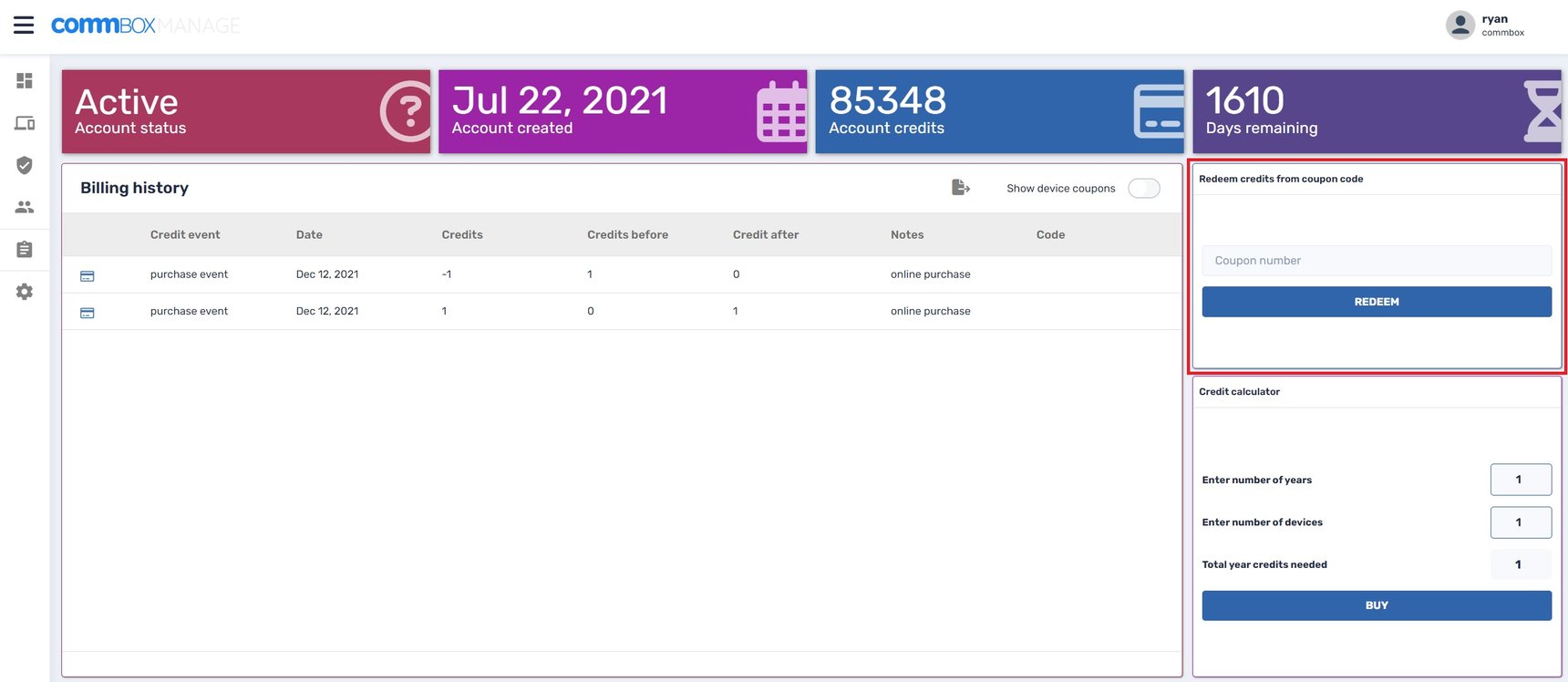 Where do I redeem my credits in CommBox Manage?